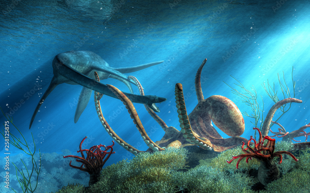 Under the surface of the Cretaceous sea, two mighty beasts do battle. A ...