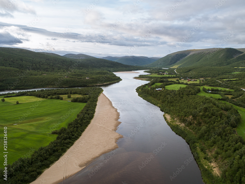 Aerial view of Teno aka Tana river between Norway and Finland at summer ...