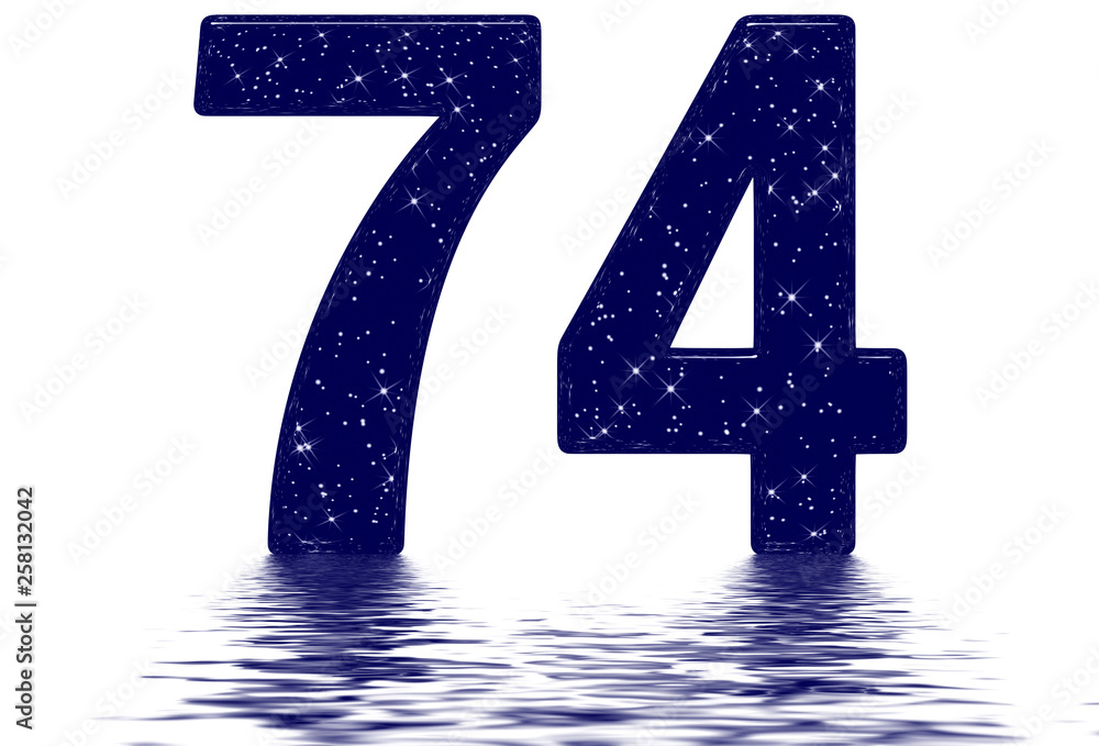 Numeral 74, seventy four, star sky texture imitation, reflected on the ...