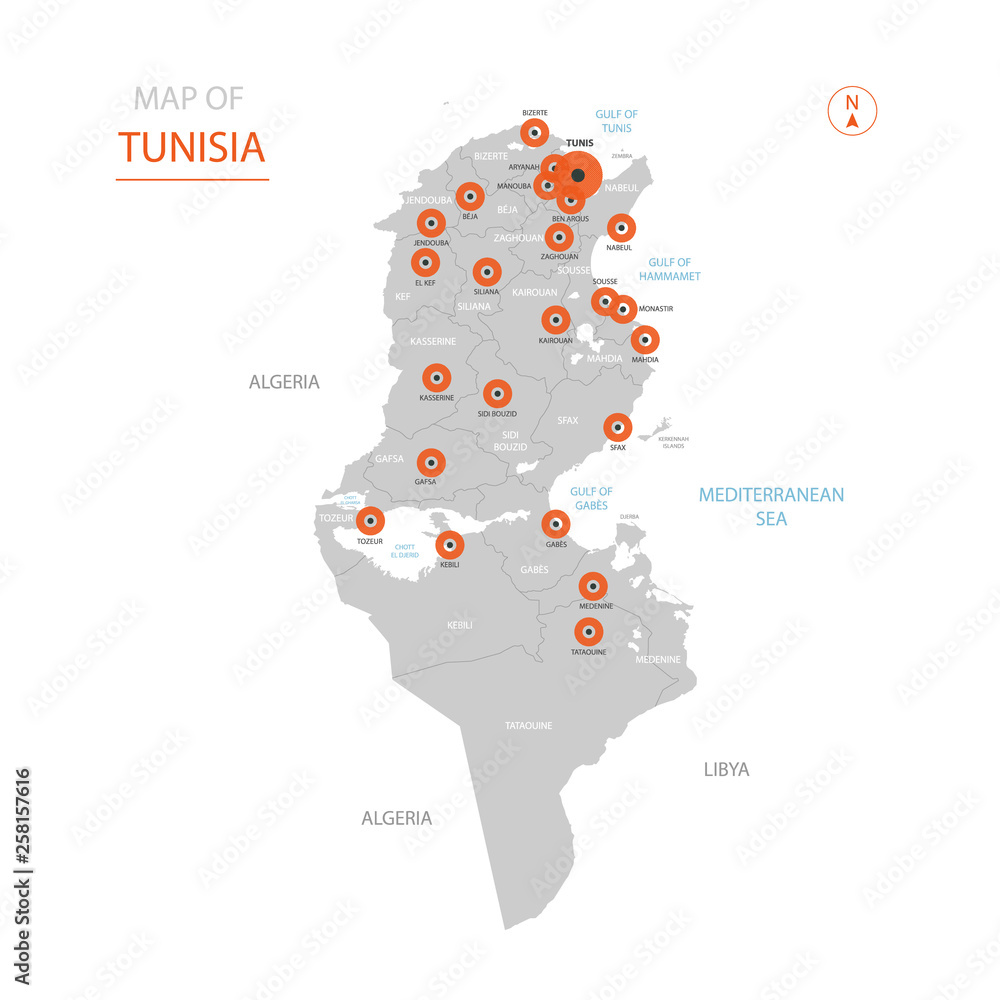 Stylized vector Tunisia map showing big cities, capital Tunis ...