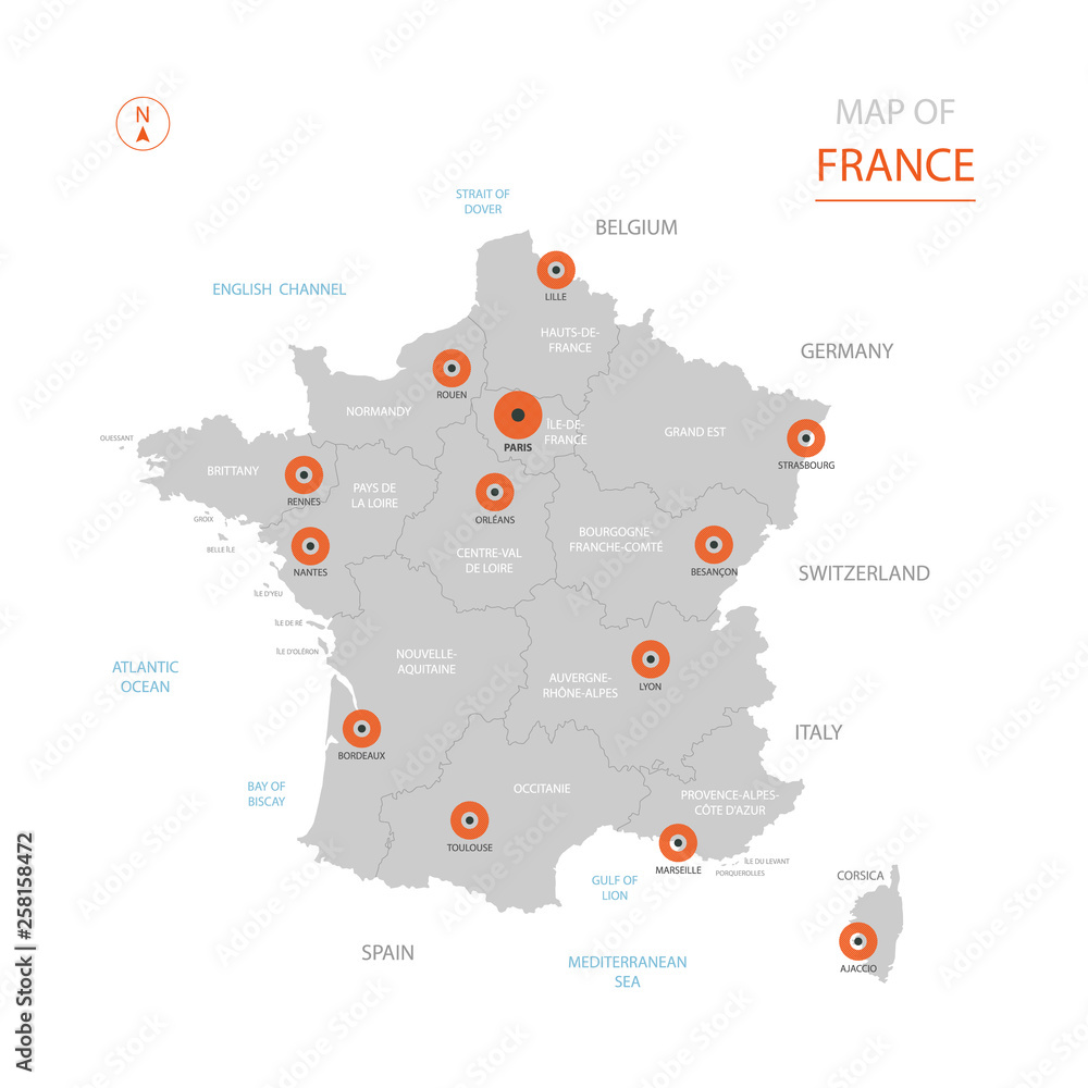 Stylized vector France map showing big cities, capital Paris ...
