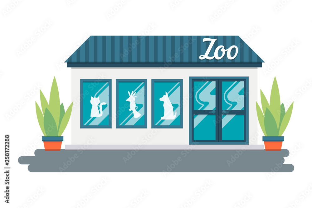 Facade pets or zoo store. Signboard with emblem cat, awning and symbol ...