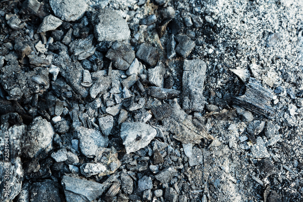 Ash and charcoal cooled after burning. Extinguished and cooled down ...
