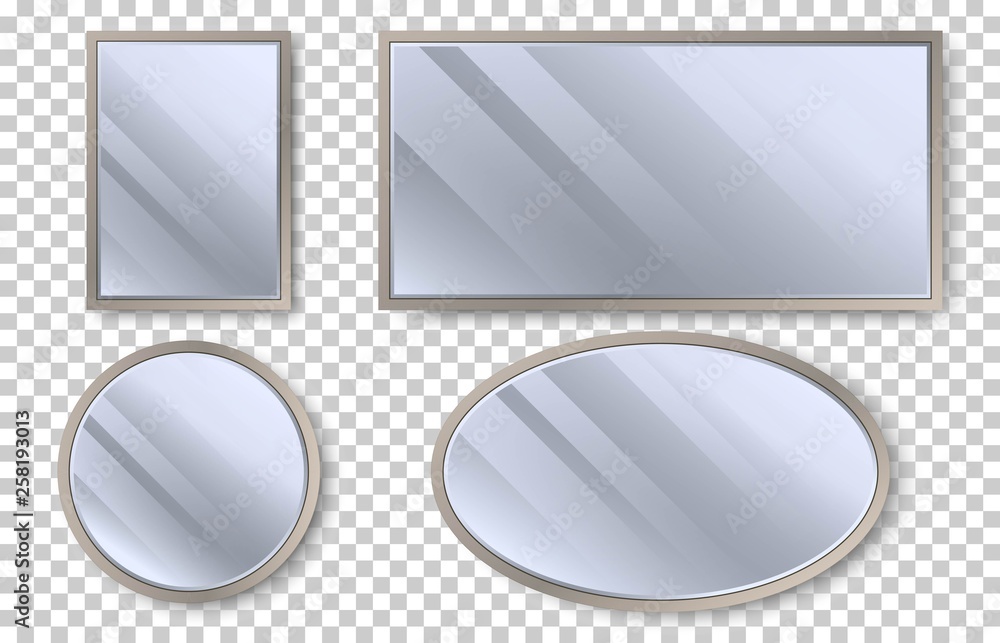 Set of realistic mirrors with reflection on glass. Geometrical mirror ...