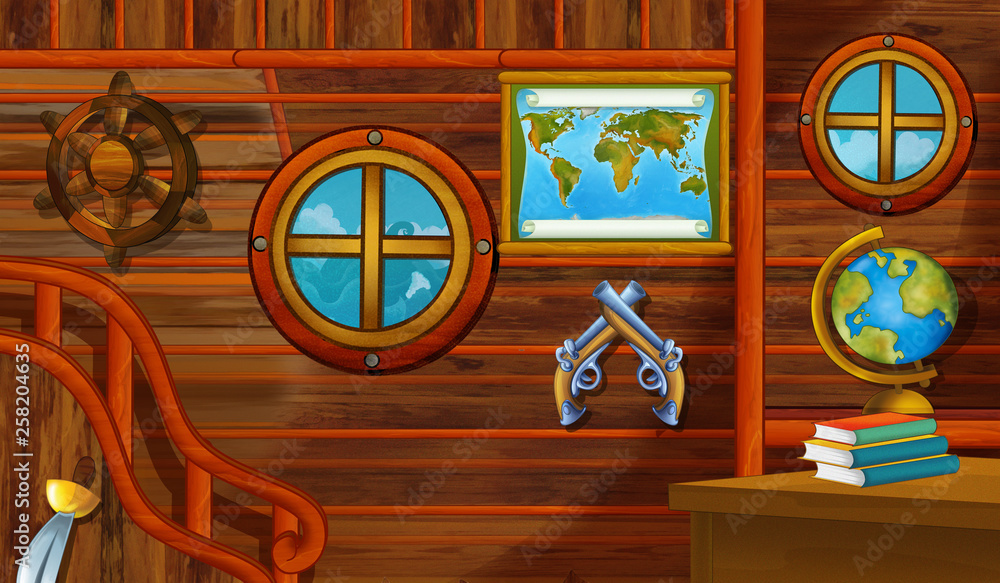 cartoon scene with pirate ship cabin interior sailing through the seas ...