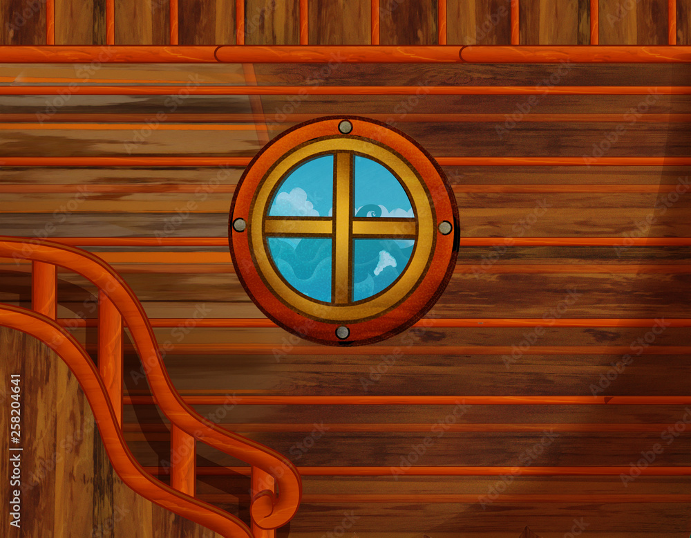 cartoon scene with pirate ship cabin interior sailing through the seas ...