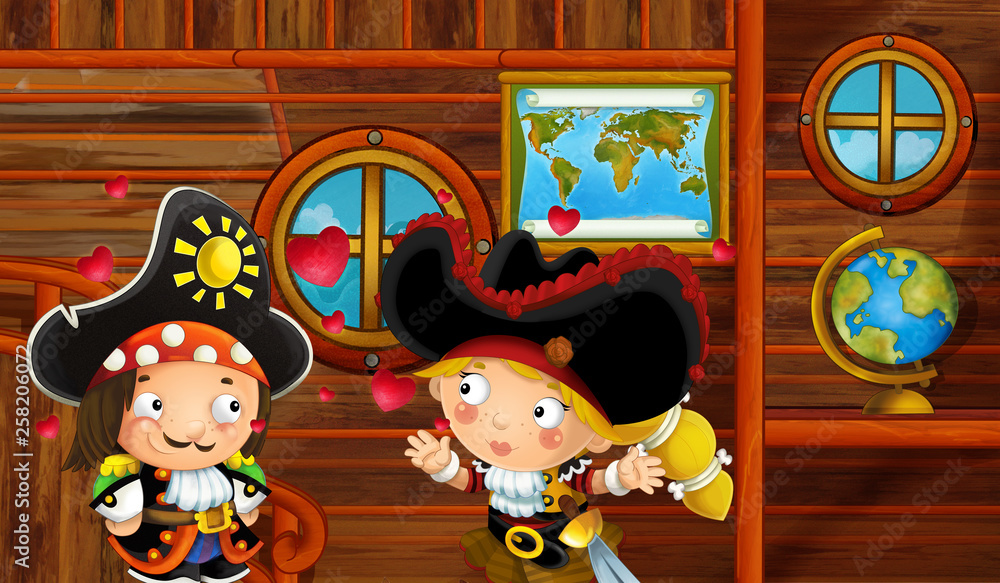 cartoon scene with pirate ship cabin interior with treasure and loving ...