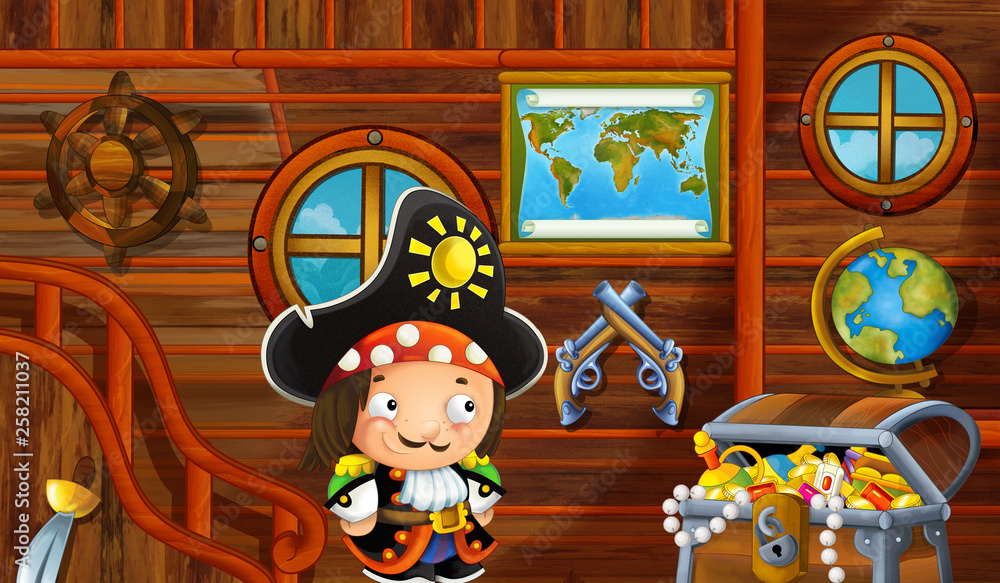 cartoon scene with pirate ship cabin interior with pirate boy sailing ...