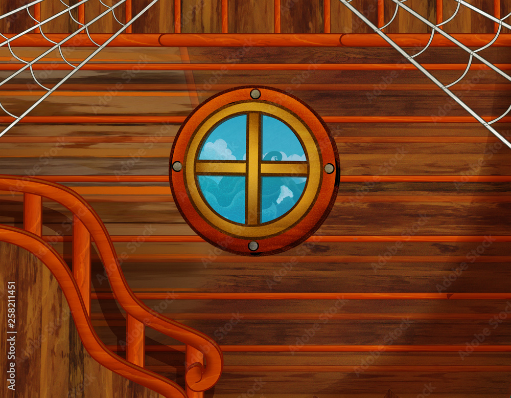 cartoon scene with pirate ship cabin interior sailing through the seas ...