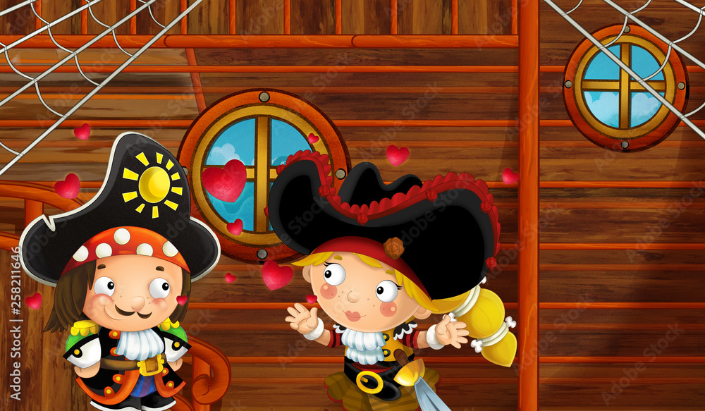 cartoon scene with pirate ship cabin interior with treasure and loving ...