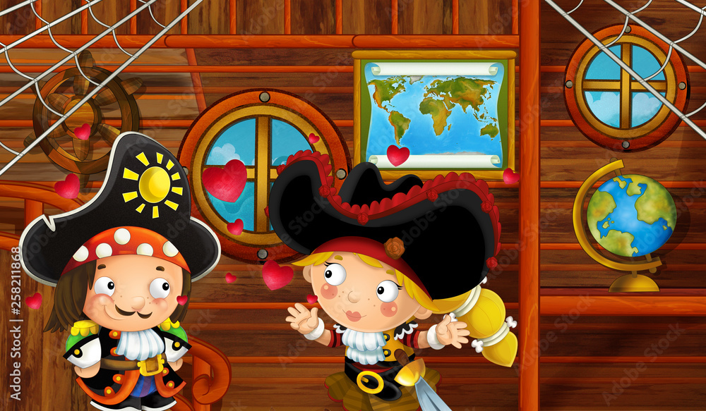 cartoon scene with pirate ship cabin interior with treasure and loving ...