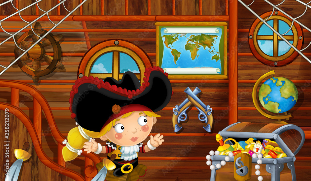 cartoon scene with pirate ship cabin interior with pirate girl sailing ...