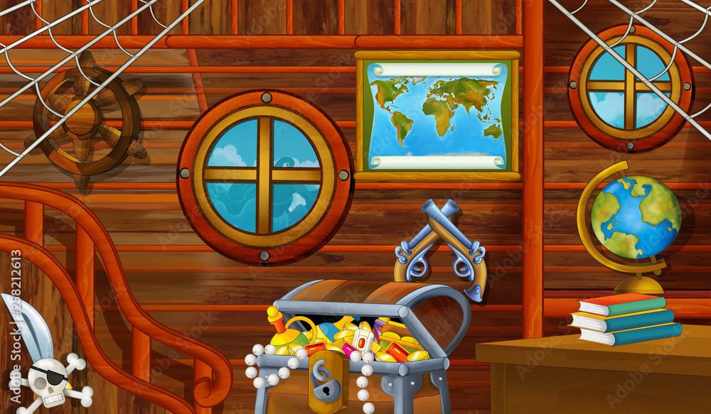 cartoon scene with pirate ship cabin interior with treasure sailing ...
