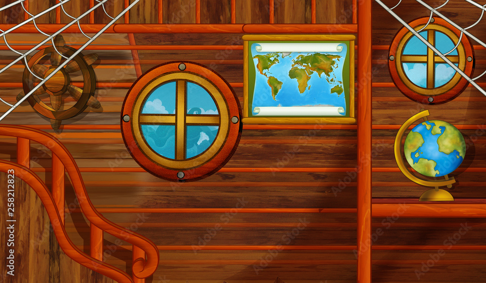 cartoon scene with pirate ship cabin interior with treasure sailing ...