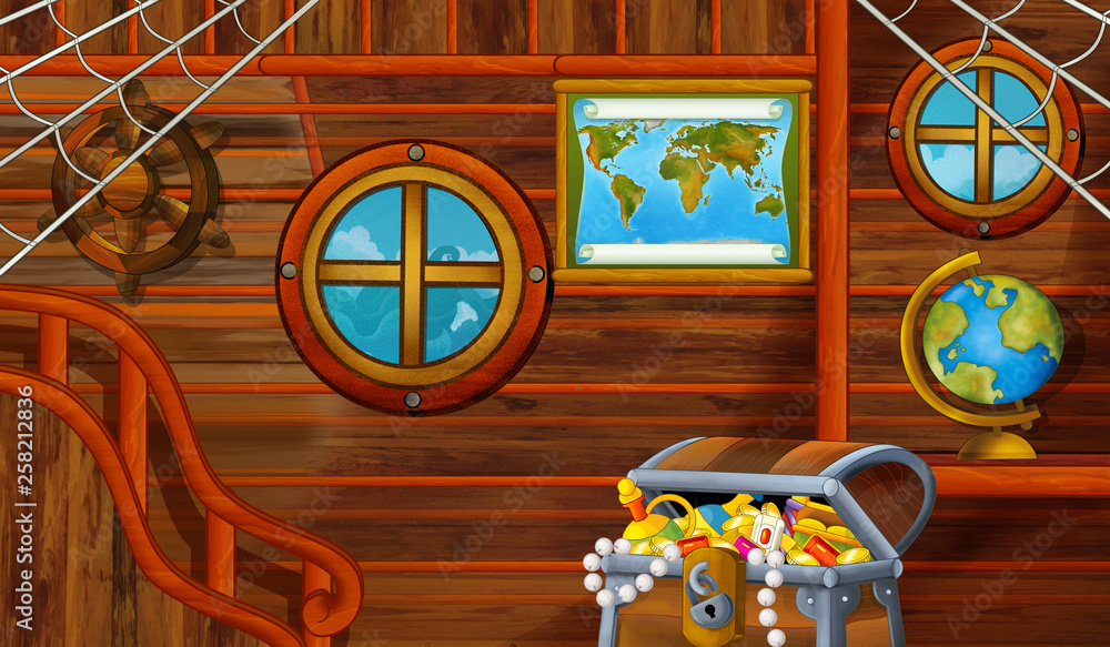 cartoon scene with pirate ship cabin interior with treasure sailing ...