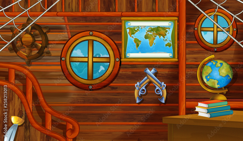 cartoon scene with pirate ship cabin interior with treasure sailing ...