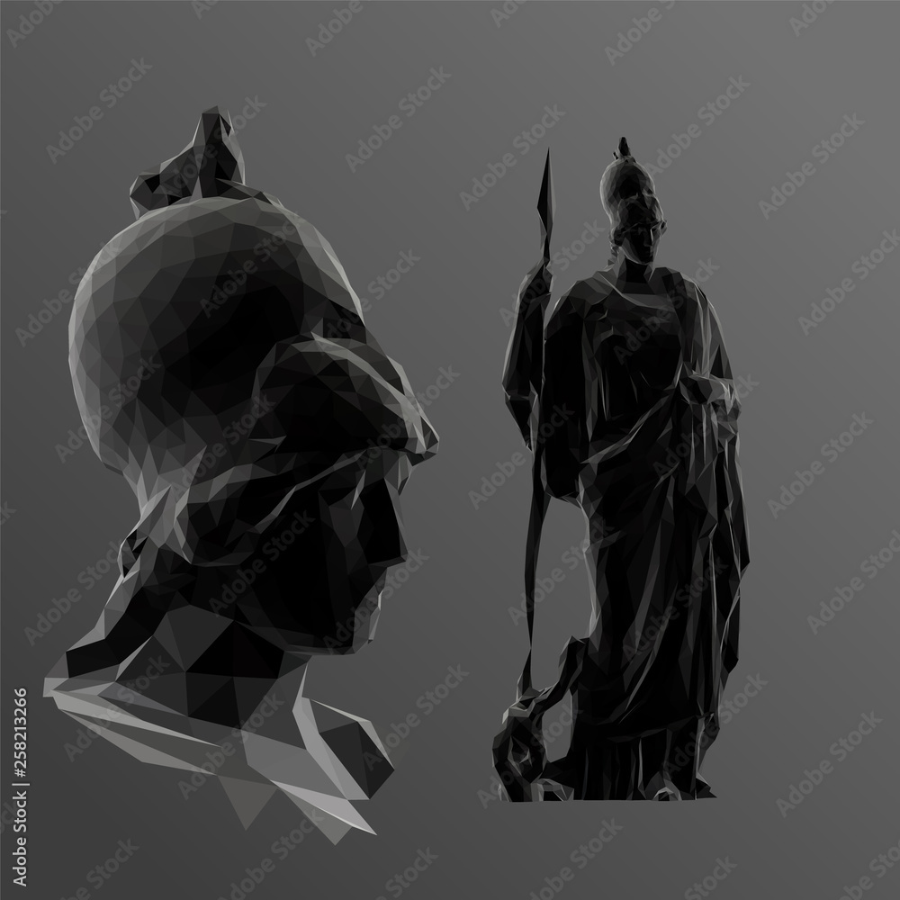 Greek Goddess Athena in Black and White. Dark Set of Sculptures. Low ...