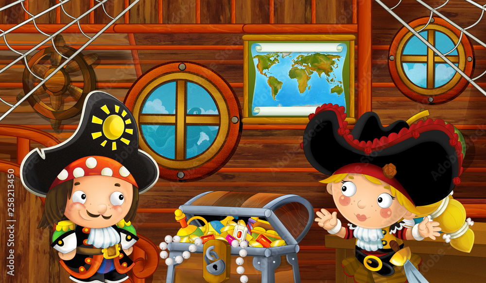 cartoon scene with pirate ship cabin interior with treasure and loving ...