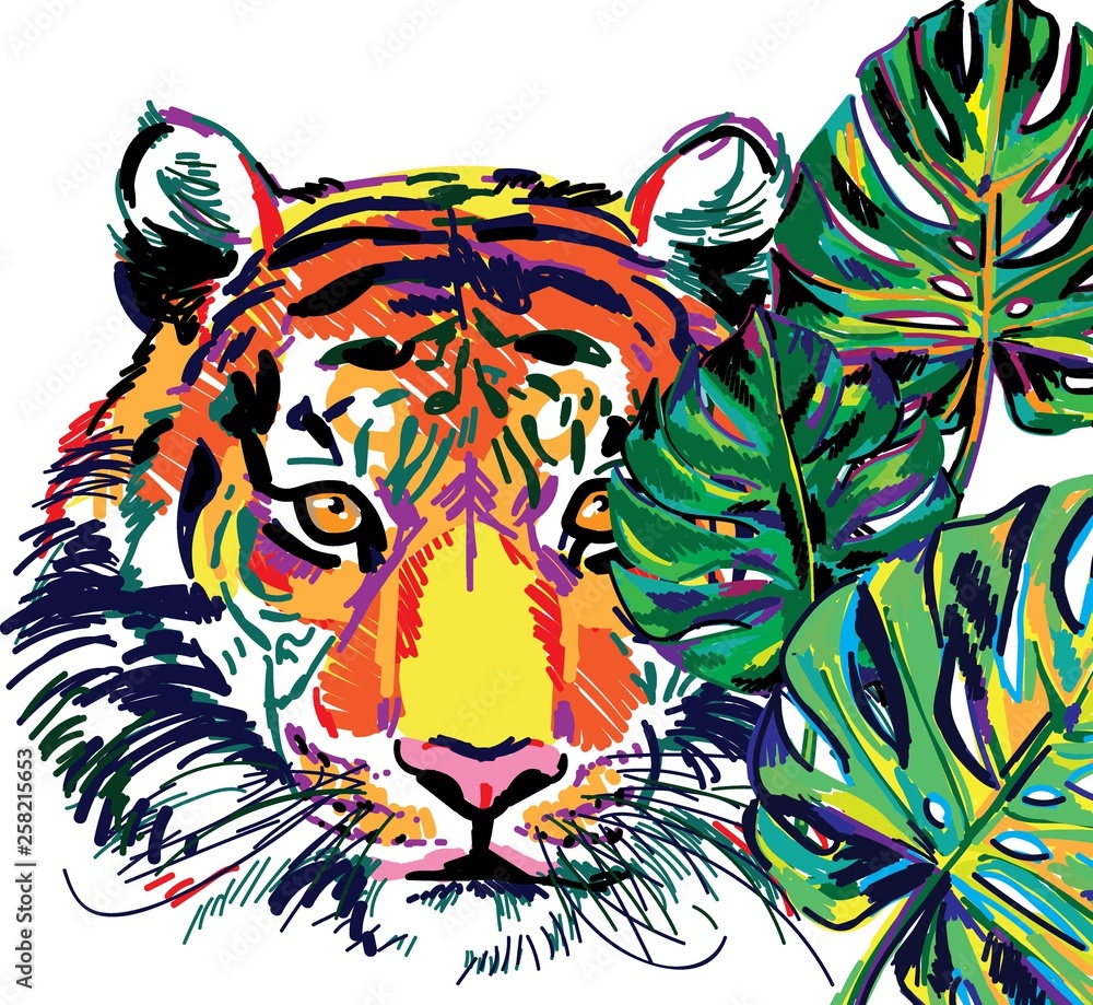 Tiger in the jungle. Large leaves of tropical plants. Multicolored ...
