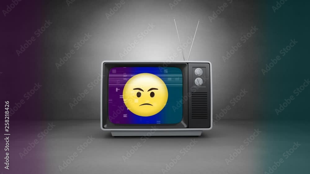 Retro television with angry emoji on sizzling screen. TV is on the ...