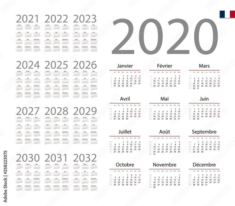 French Calendar for 2020. Week starts on Monday Stock Vector | Adobe Stock