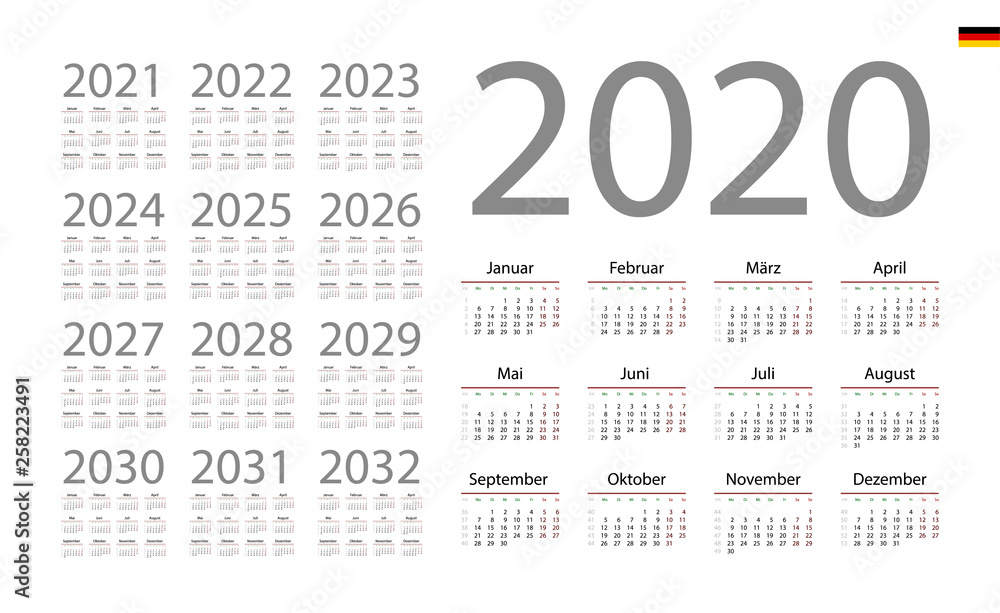 German Calendar for 2020. Week starts on Monday Stock Vector | Adobe Stock