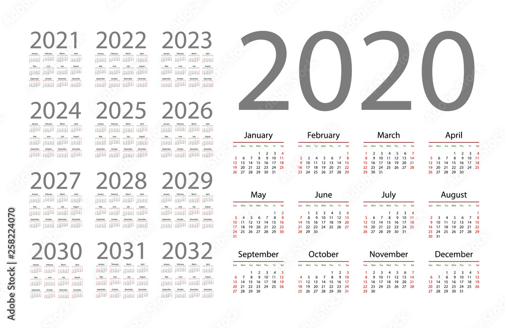 English calendar for years 2020-2032, week starts on Sunday Stock ...