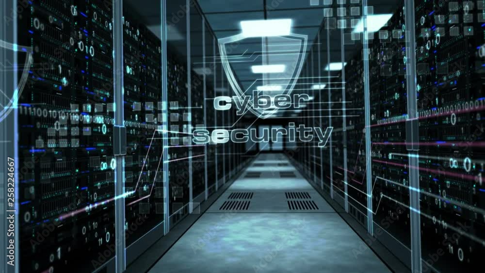 Cyber security with shield symbol on glass door in server room. Camera ...