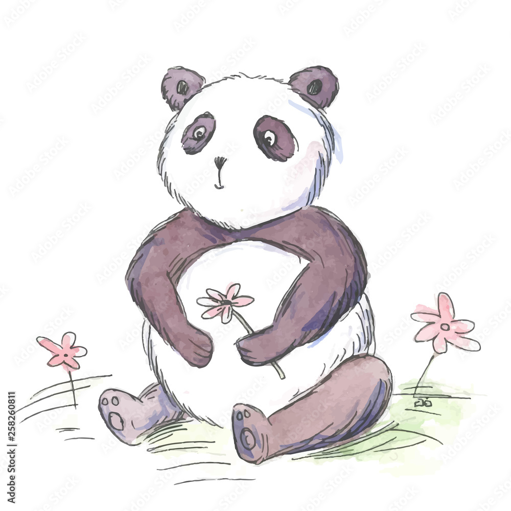 Cute Panda With Flowers Animal Drawing Sketch White Background Stock ...