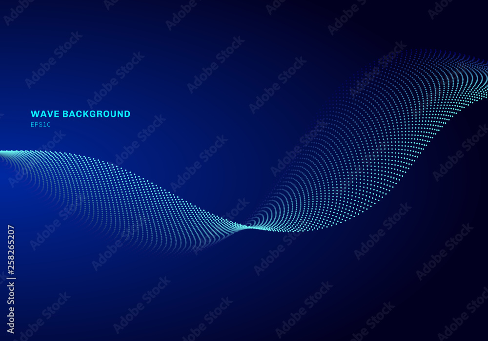 Abstract network design with particle light blue wave. Dynamic ...