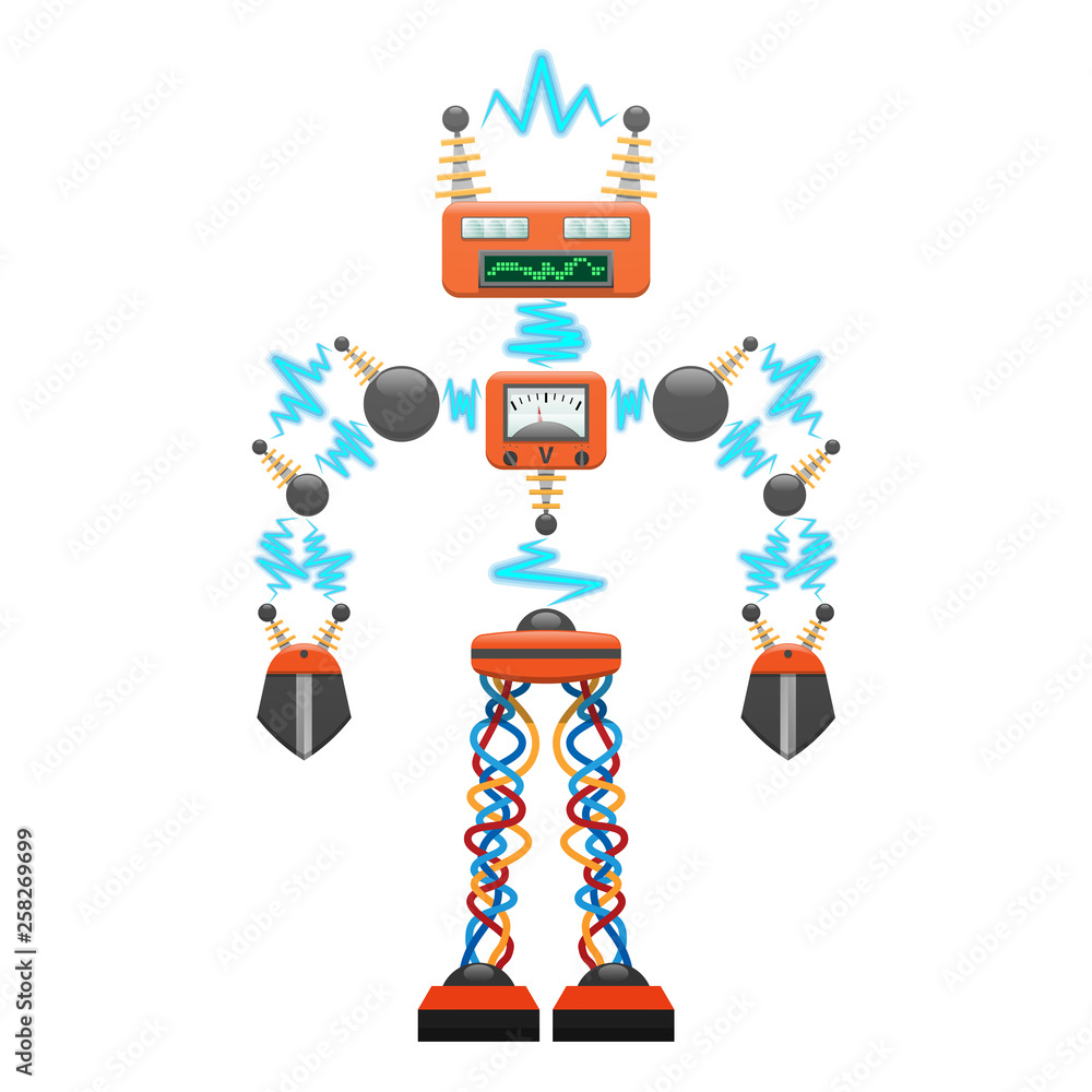 Big electric scary robot with detector, wave sensor and wires isolated ...