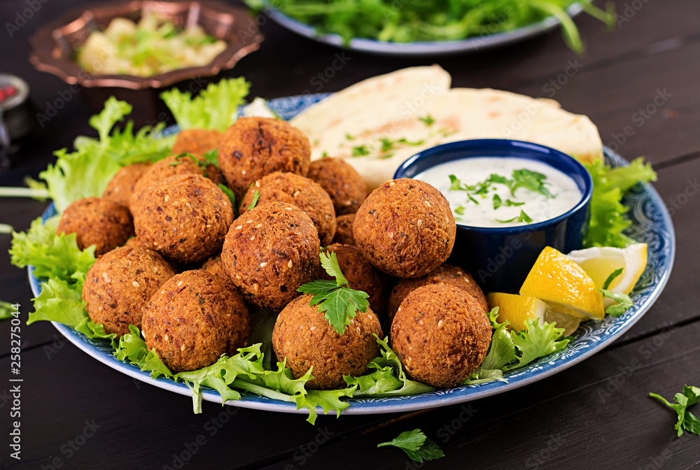 Falafel, hummus and pita. Middle eastern or arabic dishes on a dark ...