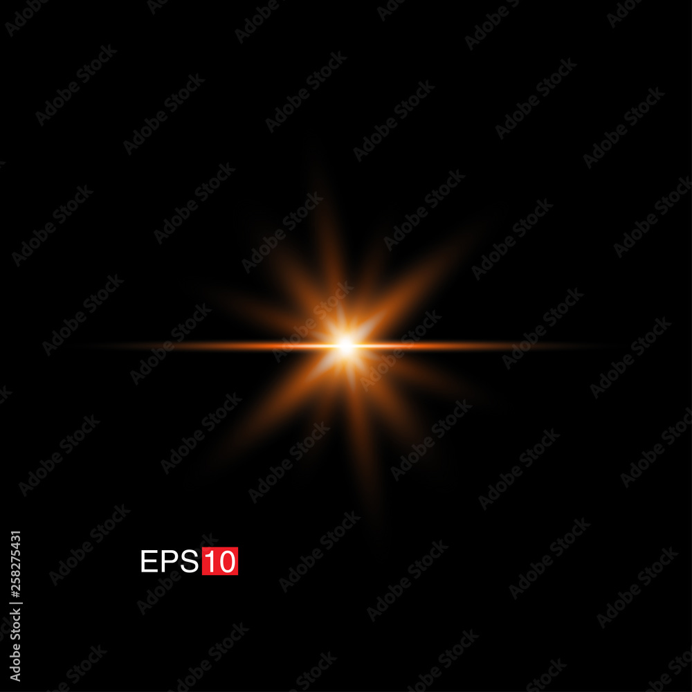 isolated orange Rays with lens flare, Sun flare, flare on the black ...