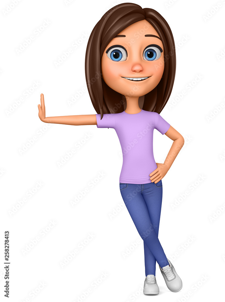 Cartoon character girl leaned against a blank board. 3d rendering ...