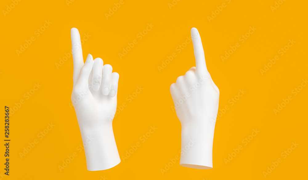 One finger Pointing up white hand gesture on yellow background. Female ...