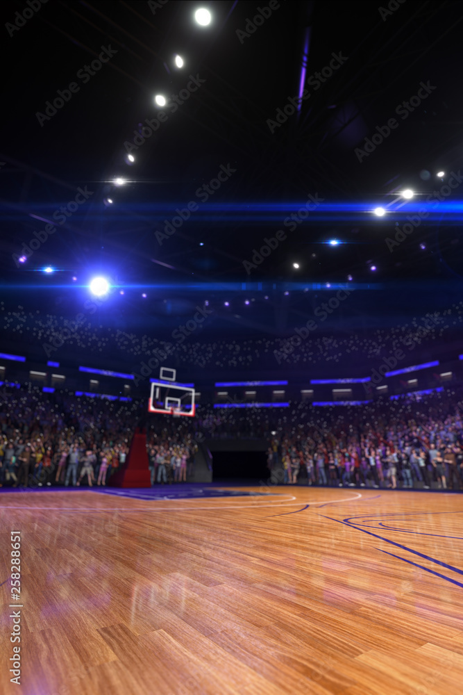 Basketball court wide view. all cort in a little motion blur. blue ...