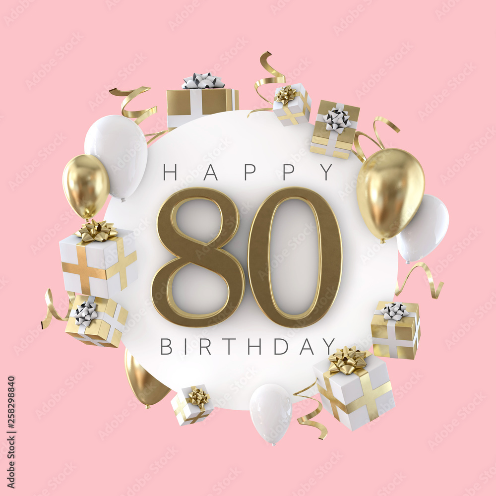 Happy 80th birthday party composition with balloons and presents. 3D ...