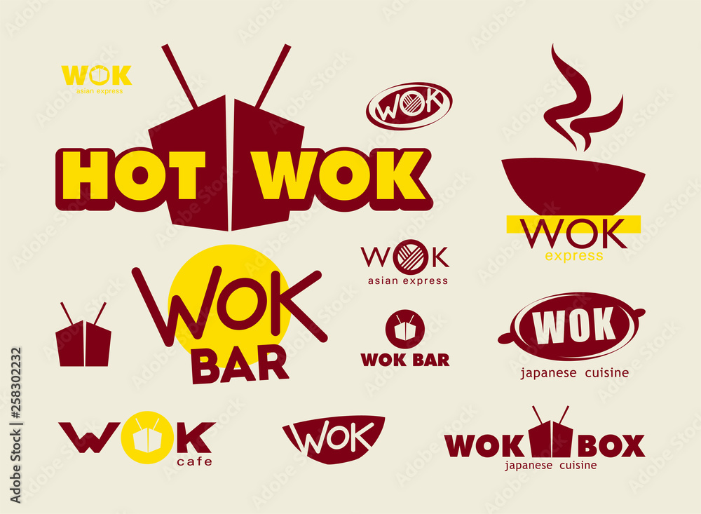 Wok icons, labels, signs, symbols and design elements Stock Vector ...