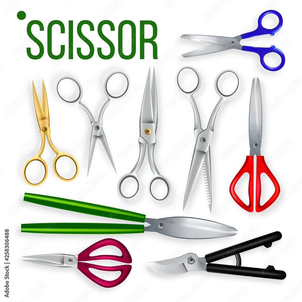 Scissor Set Vector. Metal Craft Object. Cut Tool. Paper, Garden ...