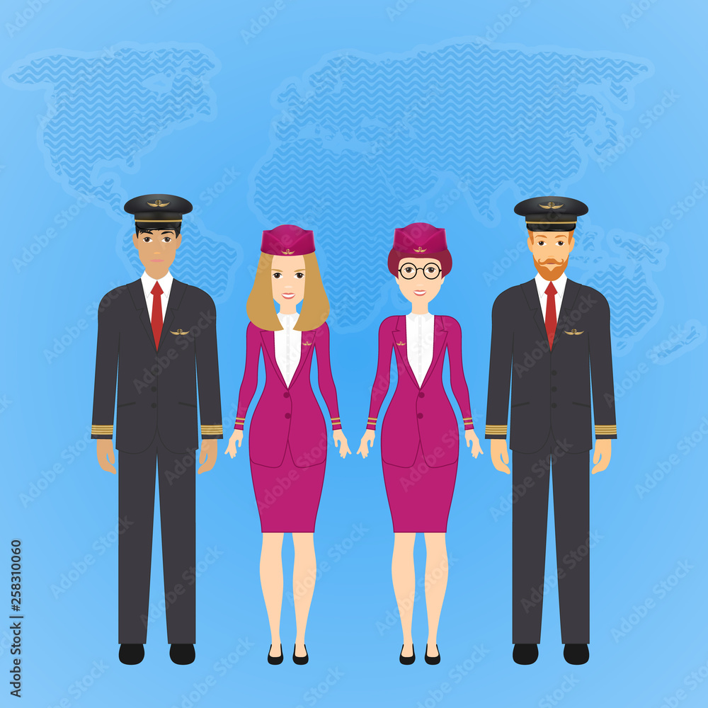 Group of flat cute cartoon people of aircraft characters in air uniform ...