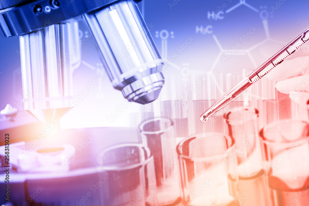 Research and development concept. Double exposure image of scientific ...