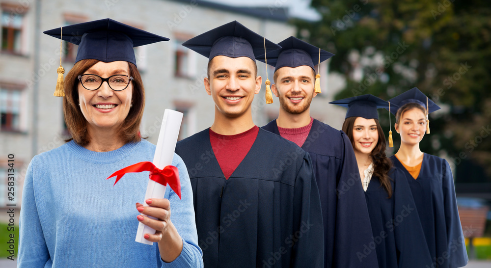 graduation, education and old age concept - happy senior graduate ...