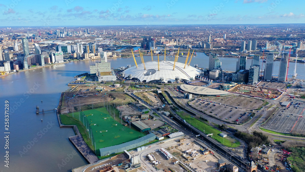Aerial drone bird's eye view of iconic concert Hall of O2 Arena in ...