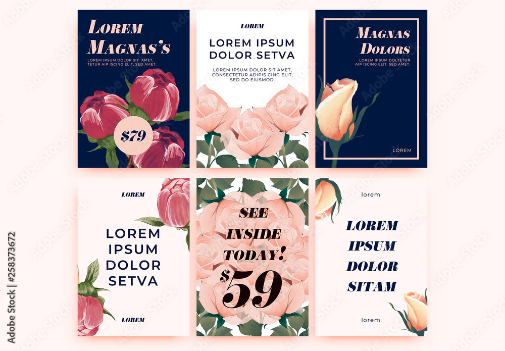 Floral Card Layout Set with Watercolor Flowers Stock Template | Adobe Stock