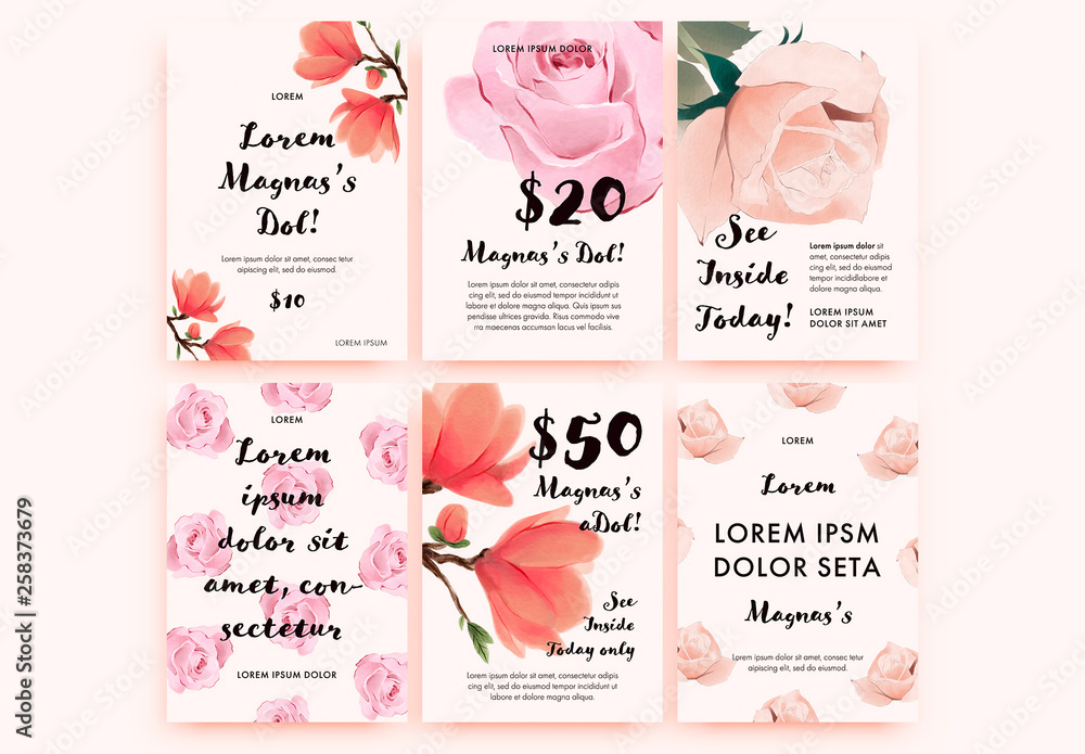 Floral Card Layout Set with Watercolor Flowers Stock Template | Adobe Stock