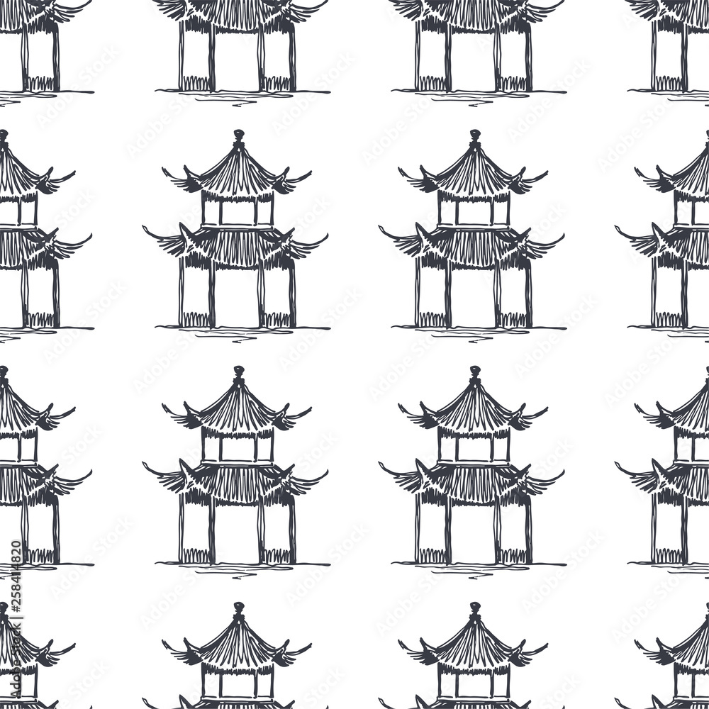 Vector seamless pattern with pagoda in sketch style. Hand drawn texture ...