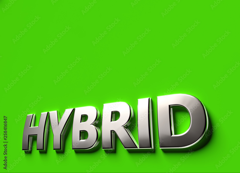 Hybrid 3D sign or logo concept placed on green surface with copy space ...