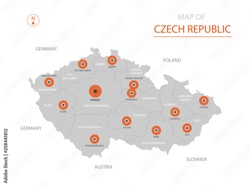 Stylized vector Czech Republic map showing big cities, capital Prague ...
