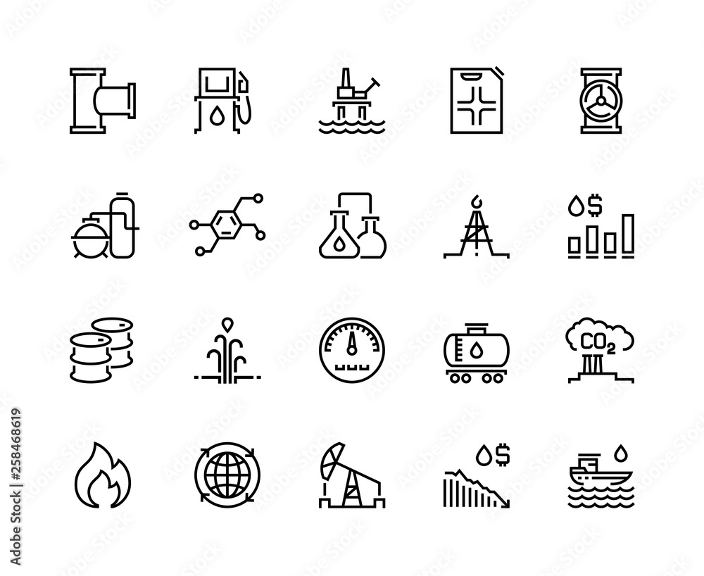 Oil line icons. Gas fuel station, chemical industry petrol tank ...