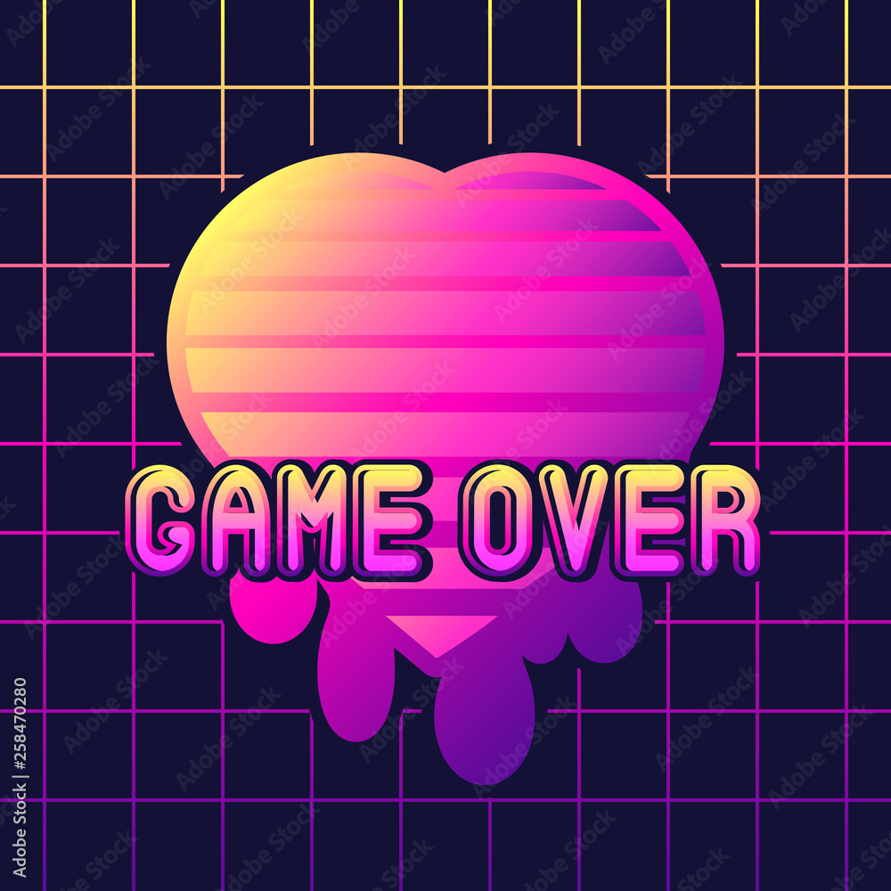 Neon retrowave style melting heart symbol with text "Game over ...